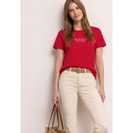 Kurzarmshirt Street One, Damen, Gr. 34, salsa rot, Jersey, Obermaterial: 100% Baumwolle, bedruckt, regular fit h&uuml;ftbedeckend, Rundhals, abgesteppte Kante, Shirts, Sommershirt mit Wording Artwork