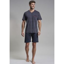 G&ouml;tzburg Shorty G&Ouml;TZBURG "Bronx", Herren, Gr. 50 (M), blau (navy), Single Jersey, Obermaterial: 100% Baumwolle, bedruckt, kariert, bequem kniefrei, V-Ausschnitt, Homewear-Sets Shorty, Kurzarm, V-Ausschnitt, kurze Hose, Baumwolle, mit Muster