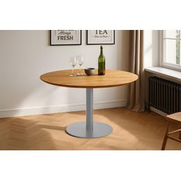 Bistrotisch BRASILIAN / Eiche naturfarben ge&ouml;lt / 110x110 / S&auml;ulen-Gestell rund Silber