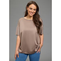 Shirtbluse LAURA SCOTT CURVE "Gro&szlig;e Gr&ouml;&szlig;en", Damen, Gr. 52/54, beige, Satin, Obermaterial: 100% Polyester. R&uuml;ckenteil: 95% Viskose, 5% Elasthan, unifarben, oversize Po-bedeckend, Rundhals, Blusen, Oversize, mit lockerem Sitz, Po-bedeckende L&auml;nge, unifarbene Optik