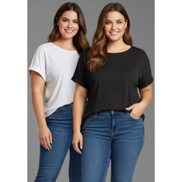 T-Shirt LAURA SCOTT CURVE "Gro&szlig;e Gr&ouml;&szlig;en", Damen, Gr. 56/58, schwarz-wei&szlig; (schwarz, wei&szlig;), Jersey, Obermaterial: 95% Viskose, 5% Elasthan, unifarben, Basic, figurumspielend h&uuml;ftbedeckend, Rundhals, Aufschlag, Shirts T-Shirt, im 2er Pack mit modischem &Auml;rmelaufschlag