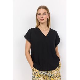 Kurzarmbluse soyaconcept "SC-INA 51", Damen, Gr. L, schwarz, Web, Obermaterial: 55% Leinen, 45% Viskose, unifarben, normal, V-Ausschnitt, Blusen, Viskosemischung mit Leinen