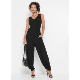 Jumpsuit bonprix, Damen, Gr. 40/42 (M), N-Gr, schwarz (l&auml;nge: regul&auml;r), Obermaterial: 95% Viskose, 5% Elasthan, bequem, Overalls Jumpsuit, bequeme Passform, ohne &Auml;rmel, tiefer V-Ausschnitt