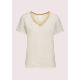 Madeleine Mode Kurzarmshirt MADELEINE "Shirt Print-Shirt mit Strass aus Leinen", Damen, Gr. 44, wei&szlig; (wollwei&szlig;), Obermaterial: 100% Leinen LI., Modern, normal, V-Ausschnitt, Shirts