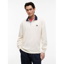 Langarm-Poloshirt Tommy Jeans "TJM RLX ESS BADGE RUGBY EXT", Herren, Gr. L, calico, Jersey, Obermaterial: 100% Baumwolle, relaxed fit normal, Shirts, Relaxed Fit Rugby-Shirt