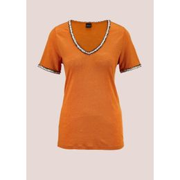 Madeleine Mode Kurzarmshirt MADELEINE "Shirt Trendiges Kurzarm-Shirt, V-Ausschnitt", Damen, Gr. 34, orange (w&uuml;stenorange, multicolor), Obermaterial: 100% Leinen LI., Modern, figurumspielend, V-Ausschnitt, Shirts
