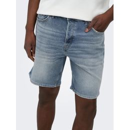 Only & Sons Jeansshorts ONLY & SONS "ONSEDGE PER LBT 6966 DOT DNM SHORTS NOOS", Herren, Gr. L, N-Gr, light blau denim, Denim/Jeans, Obermaterial: 99% Baumwolle, 1% Elasthan, Abriebeffekte, straight fit kniefrei, Jeans Jeansshorts, Baumwollmischung, straight fit