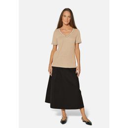 Madeleine Mode Kurzarmshirt MADELEINE "Shirt Trendiges Kurzarm-Shirt, V-Ausschnitt", Damen, Gr. 34, beige (natur, multicolor), Obermaterial: 100% Leinen LI., Modern, figurumspielend, V-Ausschnitt, Shirts