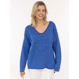 Sweatshirt Zwillingsherz "&bdquo;Positive Mind Neon Kante&rdquo;", Damen, Gr. L/XL, royalblau, angeraute Sweatware, Obermaterial: 70% Baumwolle, 30% Polyester, normal h&uuml;ftlang, V-Ausschnitt, Sweatshirts Sweatshirt, mit Kontrastnaht, V-Neck, washed out Optik, langarm