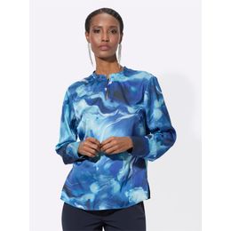 WITT Damen Druckbluse mit Schlingenknopfverschluss, royalblau-schwarz-bedruckt, Gr&ouml;&szlig;e 38