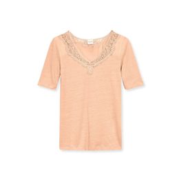 Madeleine Mode Kurzarmshirt MADELEINE "Shirt Kurzarm Leinen-Shirt mit Spitzenbesatz", Damen, Gr. 34, orange (pfirsich), Obermaterial: 100% Leinen LI., Modern, normal, V-Ausschnitt, Shirts