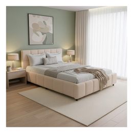 Juskys Polsterbett Florenz - Bubble Design, gepolstertes Kopfteil, Boucl&eacute; - 140 x 200 cm - Beige