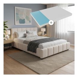 Juskys Polsterbett Florenz mit Matratze - Bubble Design, gepolstertes Kopfteil, Boucl&eacute; - 140 x 200 cm - Creme