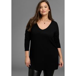 Longpullover LAURA SCOTT CURVE "Gro&szlig;e Gr&ouml;&szlig;en", Damen, Gr. 52/54, schwarz, Feinstrick, Obermaterial: 70% Viskose, 30% Polyamid, unifarben, Basic, figurumspielend Po-bedeckend, V-Ausschnitt, Pullover Longpullover, aus flie&szlig;endem Feinstrick mit sch&ouml;nem V-Ausschnitt