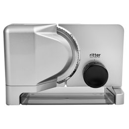 Ritter E 16 silber Allesschneider (65 Watt, Metallausf&uuml;hrung, schr&auml;g gestellt, Wellenschliffmesser, 17 cm &Oslash;, Schnittst&auml;rkeeinstellung bis ca. 20 mm, Sicherheits-Moment- und Dauerschalter, Made in Germany, Silbermetallic)