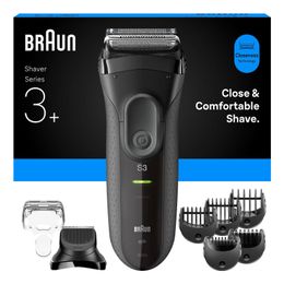 Braun Series 3+ Elektrorasierer, Barttrimmer-Aufsatz 3000BT Herrenrasierer (Akkubetrieb, 2 Scherfolienelementen und MicroComb Mitteltrimmer, Barttrimmer Aufsatz, 5 Kammaufs&auml;tze, wasserdicht, hergestellt in Deutschland, Schutzkappe, Ladeger&auml;t, Reinigungsb&uuml;r
