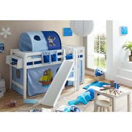 Ticaa Hochbett mit Rutsche Podestbett "Tino" Buche Wei&szlig; Motiv, teilbar mit Farbauswahl