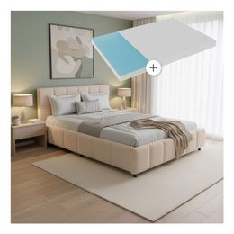 Juskys Polsterbett Florenz mit Matratze - Bubble Design, gepolstertes Kopfteil, Boucl&eacute; - 140 x 200 cm - Beige