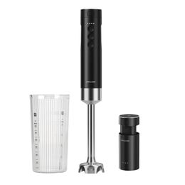 Zwilling XTEND Stabmixer-Set (100 Watt, kabellos, batteriebetrieben, 3 Geschwindigkeitsstufen, Soft-Start-Funktion, Winglet-Klinge, 600-ml-Mixbecher aus Kunststoff, Ladestation mit Powerbank-Funktion, 12V Lithium-Ionen-Akku, USB-Ladekabel, Schwarz)