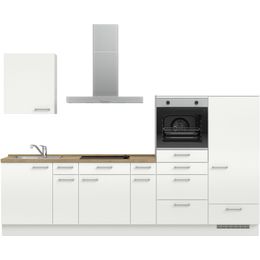 K&uuml;chenzeile Nobilia "Laser I", NEU: individuell anpassbar mit gratis Profi-Beratung", wei&szlig; (k&uuml;che: wei&szlig;, korpus: alpinwei&szlig;, arbeitsplatte: eiche havanna nachbildung), B:300,3cm H:216,6cm T:60cm, Komplettk&uuml;chen-Sets, K&uuml;chenzeile, vormontiert, 300 cm breit, optional mit verschiedenen E‑Ger&auml;te-Sets