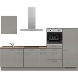 K&uuml;chenzeile Nobilia "Laser I", NEU: individuell anpassbar mit gratis Profi-Beratung", grau (k&uuml;che: grau, korpus: taupegrau, arbeitsplatte: eiche havanna nachbildung), B:300,3cm H:216,6cm T:60cm, Komplettk&uuml;chen-Sets, K&uuml;chenzeile, vormontiert, 300 cm breit, optional mit verschiedenen E‑Ger&auml;te-Sets