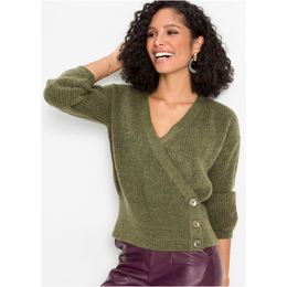 Strickpullover bonprix, Damen, Gr. 36/38 (S), gr&uuml;n (oliv meliert), Strick, Obermaterial: 76% Polyacryl, 24% Polyester, meliert, unifarben, oversize h&uuml;ftlang, V-Ausschnitt, Strickkante, Pullover Strickpullover, in Melange-Optik, V-Ausschnitt mit Zierkn&ouml;pfen, Oversized Passform