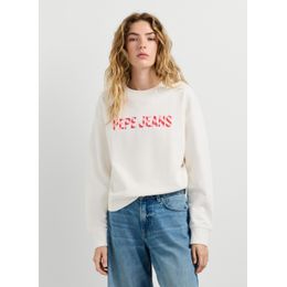 Sweatshirt Pepe Jeans "CELESTE", Damen, Gr. L, wei&szlig; (mousse wei&szlig;), Sweatware, Obermaterial: 85% Baumwolle, 15% Polyester, bedruckt, h&uuml;ftbedeckend, Rundhals, Rippb&uuml;ndchen, Sweatshirts Sweatshirt, Baumwoll-Mix, Rundhalsform