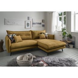 Ecksofa Home Affaire "Lazio modern und bequem, schmale Armlehnen, tolle Detailverarbeitung", gelb (gelb, zierkissen blumenmuster), B:255cm H:94cm T:180cm, 100% Polyester, Sofas, Ecksofa, zwei verschiedene Fu&szlig;farben w&auml;hlbar
