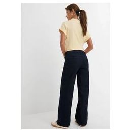 Weite Jeans bonprix "Wide Leg Jeans Mid Waist, Stretch", Damen, Gr. 44, N-Gr, blau (dunkelblau denim), Denim/Jeans, Obermaterial: 82% Baumwolle, 17% Polyester, 1% Elasthan, unifarben, loose fit lang, Jeans, Loose Fit Passform, mit elastischem Bund und Tunnelzug