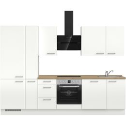K&uuml;chenzeile Nobilia "Laser II", NEU: individuell anpassbar mit gratis Profi-Beratung", wei&szlig; (k&uuml;che: wei&szlig;, korpus: alpinwei&szlig;, arbeitsplatte: eiche havanna nachbildung), B:300,3cm H:216,6cm T:60cm, Komplettk&uuml;chen-Sets, K&uuml;chenzeile, vormontiert, 300 cm breit, optional mit verschiedenen E‑Ger&auml;te-Sets