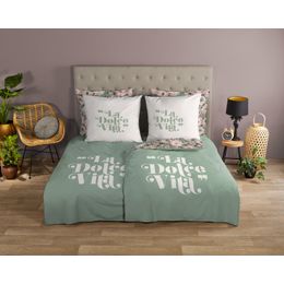 Wendebettw&auml;sche Good Morning "Vitaa", gr&uuml;n, B/L: 155cm x 220cm, 1 Stk., 1 Stk., Renforc&eacute;, B/L: 80cm x 80cm, 2, Renforc&eacute;, Obermaterial: 100% Baumwolle, Bettw&auml;sche, Wendebettw&auml;sche, 100% Baumwolle, Renforc&eacute;, Rei&szlig;verschluss, Wendeoptik, Schrift, Blume