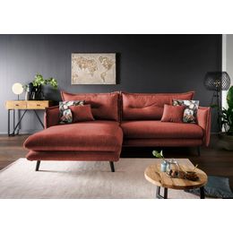 Ecksofa Home Affaire "Lazio modern und bequem, schmale Armlehnen, tolle Detailverarbeitung", orange (koralle, zierkissen blumenmuster), B:255cm H:94cm T:180cm, 100% Polyester;Wendekissen: 100% Polyester, Sofas, Ecksofa, zwei verschiedene Fu&szlig;farben w&auml;hlbar
