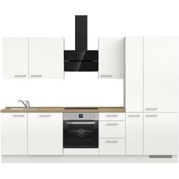 K&uuml;chenzeile Nobilia "Laser II", NEU: individuell anpassbar mit gratis Profi-Beratung", wei&szlig; (k&uuml;che: wei&szlig;, korpus: alpinwei&szlig;, arbeitsplatte: eiche havanna nachbildung), B:300,3cm H:216,6cm T:60cm, Komplettk&uuml;chen-Sets, K&uuml;chenzeile, vormontiert, 300 cm breit, optional mit verschiedenen E‑Ger&auml;te-Sets