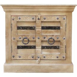 Waschbeckenunterschrank Sit "Daipur", beige (natur, antikgrau), B:66cm H:60cm T:41cm, Massivholz, Schr&auml;nke, Waschbeckenunterschrank, geschnitzte Verzierungen und Siphonausschnitt