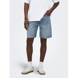 Only & Sons Jeansshorts ONLY & SONS "ONSEDGE MB GREEN 3227 TAI DNM SHORTS", Herren, Gr. L, N-Gr, medium blau denim detail:gr&uuml;ncast, Denim/Jeans, Obermaterial: 100% Baumwolle, Abriebeffekte, straight fit kniefrei, Jeans Jeansshorts, Baumwolle, straight fit