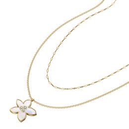 Kette mit Anh&auml;nger Fossil "Schmuck Geschenk Edelstahl Halskette Layering Blume Sutton", gelbgoldfarben, kristallwei&szlig;, perlmuttfarben, Halsketten, Damen, Edelstahl Perlen, L: 45,5 B: 1mm, Edelstahl, Perlen, mit Glasstein - mit Perlmutt, B:1mm