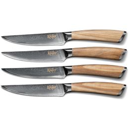 Feinkost K&auml;fer Steakbesteck K&Auml;FER, grau (edelstahl), 4 Stk., Klingenstahl, Massivholz, Essbesteck-Sets, Olivenholzgriff, 67-lagiger Damaszenerstahl, Klingenl&auml;nge 12 cm