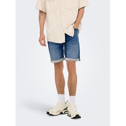 Only & Sons Jeansshorts ONLY & SONS "ONSPLY JOG MBD 0024 ANA DNM SHORTS NOOS", Herren, Gr. L, N-Gr, medium blau denim, Denim/Jeans, Obermaterial: 87% Baumwolle, 11% Polyester, 2% Elasthan, Abriebeffekte, regular fit kniefrei, Jeans Jeansshorts, Baumwollmischung, regular fit