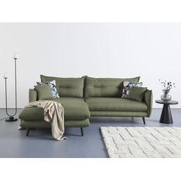 Ecksofa Home Affaire "Lazio modern und bequem, schmale Armlehnen, tolle Detailverarbeitung", gr&uuml;n (gr&uuml;n, zierkissen blumenmuster), B:255cm H:94cm T:180cm, 100% Polyester, Sofas, Ecksofa, zwei verschiedene Fu&szlig;farben w&auml;hlbar