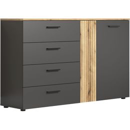 Kommode Home Affaire "Estepona", anthrazit und eichefarben, B:139cm H:86cm T:38cm, Sideboards, Kommode, Schubladenschrank in Rillenoptik mit Vollauszug-Funktion