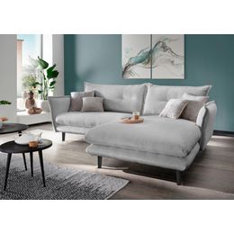 Ecksofa Home Affaire "Lazio modern und bequem, schmale Armlehnen, tolle Detailverarbeitung", grau (grau, blau, zierkissen grau), B:255cm H:94cm T:180cm, 100% Polyester, Sofas, Ecksofa, zwei verschiedene Fu&szlig;farben w&auml;hlbar