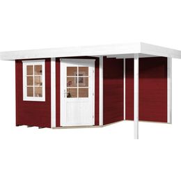 Gartenhaus Weka "Designhaus 213 Plus", rot (rot, wei&szlig;), Fu&szlig;boden im Gartenhaus, R&uuml;ckwand, ohne Dacheindeckung, Massivholz, Gartenh&auml;user, Gartenhaus, mit Anbaudach und R&uuml;ckwand