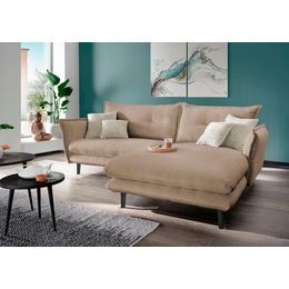 Ecksofa Home Affaire "Lazio modern und bequem, schmale Armlehnen, tolle Detailverarbeitung", braun (hellbraun, zierkissen wei&szlig;), B:255cm H:94cm T:180cm, 100% Polyester, Sofas, Ecksofa, zwei verschiedene Fu&szlig;farben w&auml;hlbar