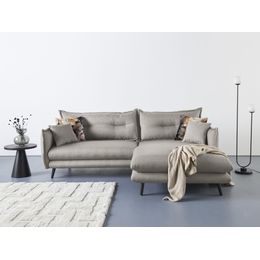 Ecksofa Home Affaire "Lazio modern und bequem, schmale Armlehnen, tolle Detailverarbeitung", grau (taupe, zierkissen blumenmuster), B:255cm H:94cm T:180cm, 100% Polyester, Sofas, Ecksofa, zwei verschiedene Fu&szlig;farben w&auml;hlbar