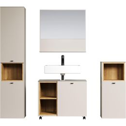 Badm&ouml;bel-Set Welltime "San Pedro", kaschmir und evoke eiche, B:180cm H:186cm T:42cm, Floatglas, Holzwerkstoff, Metall, Kastenm&ouml;bel-Sets, Badm&ouml;bel-Set, Bestehend aus Hochschrank, Waschtisch, Wandspiegel und Unterschrank
