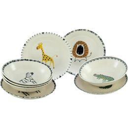 Teller-Set Creatable "Safari Bunt, Teller Set 8-tlg.", wei&szlig; (natur, bunt), 8, Steinzeug, Geschirr-Sets, gezeichnete Tiermotive, skandinavischer Stil, Ethno-Style Motive