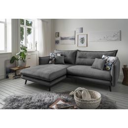 Ecksofa Home Affaire "Lazio modern und bequem, schmale Armlehnen, tolle Detailverarbeitung", grau (asche, zierkissen blumenmuster), B:255cm H:94cm T:180cm, 100% Polyester, Sofas, Ecksofa, zwei verschiedene Fu&szlig;farben w&auml;hlbar