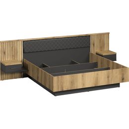 Bettgestell Inosign "Estepona", eiche, anthrazit, eiche, anthrazit, B:302cm H:97cm L:204cm, Betten, Bettgestell, Bett 180x200 cm inklusive Nachtkonsolen - Mit indirekter Beleuchtung