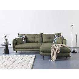 Ecksofa Home Affaire "Lazio modern und bequem, schmale Armlehnen, tolle Detailverarbeitung", gr&uuml;n (gr&uuml;n, zierkissen blumenmuster), B:255cm H:94cm T:180cm, 100% Polyester, Sofas, Ecksofa, zwei verschiedene Fu&szlig;farben w&auml;hlbar