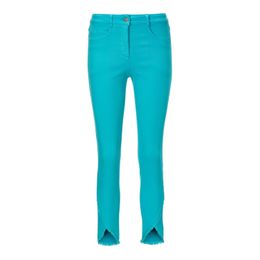 Madeleine Mode Regular-fit-Jeans MADELEINE "Jeans Verk&uuml;rzte 5-Pocket-Hose mit Fransen", Damen, Gr. 17, N + K Gr, blau (karibikblau), Obermaterial: 71% Baumwolle CO. 20% Lyocell CLY. 6% Polyester PES. 3% Elasthan EL., Modern, Jeans, abgeschr&auml;gter Fransensaum